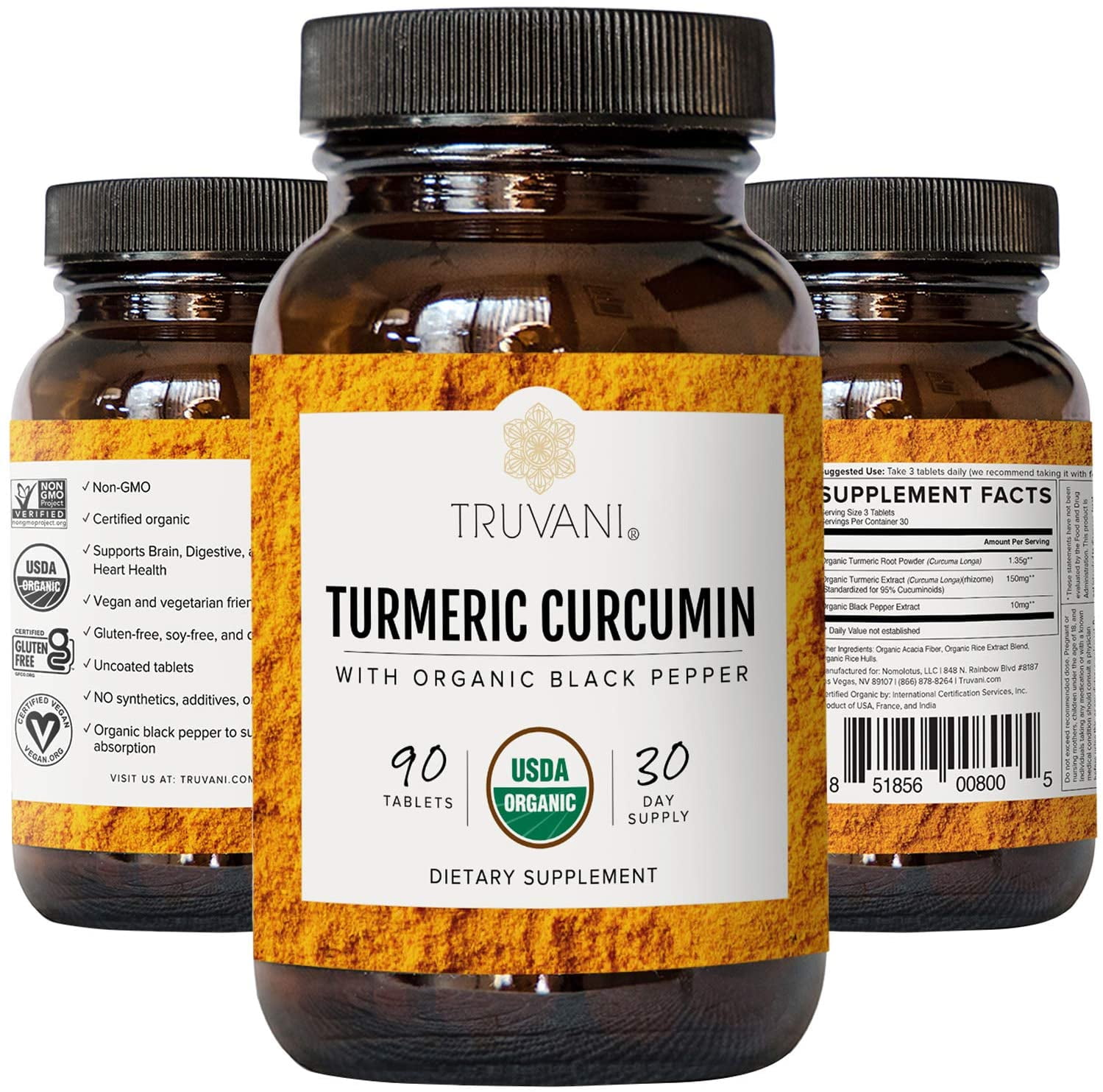 Truvani Organic Turmeric Curcumin Supplement with Black Pepper, 1350mg ...