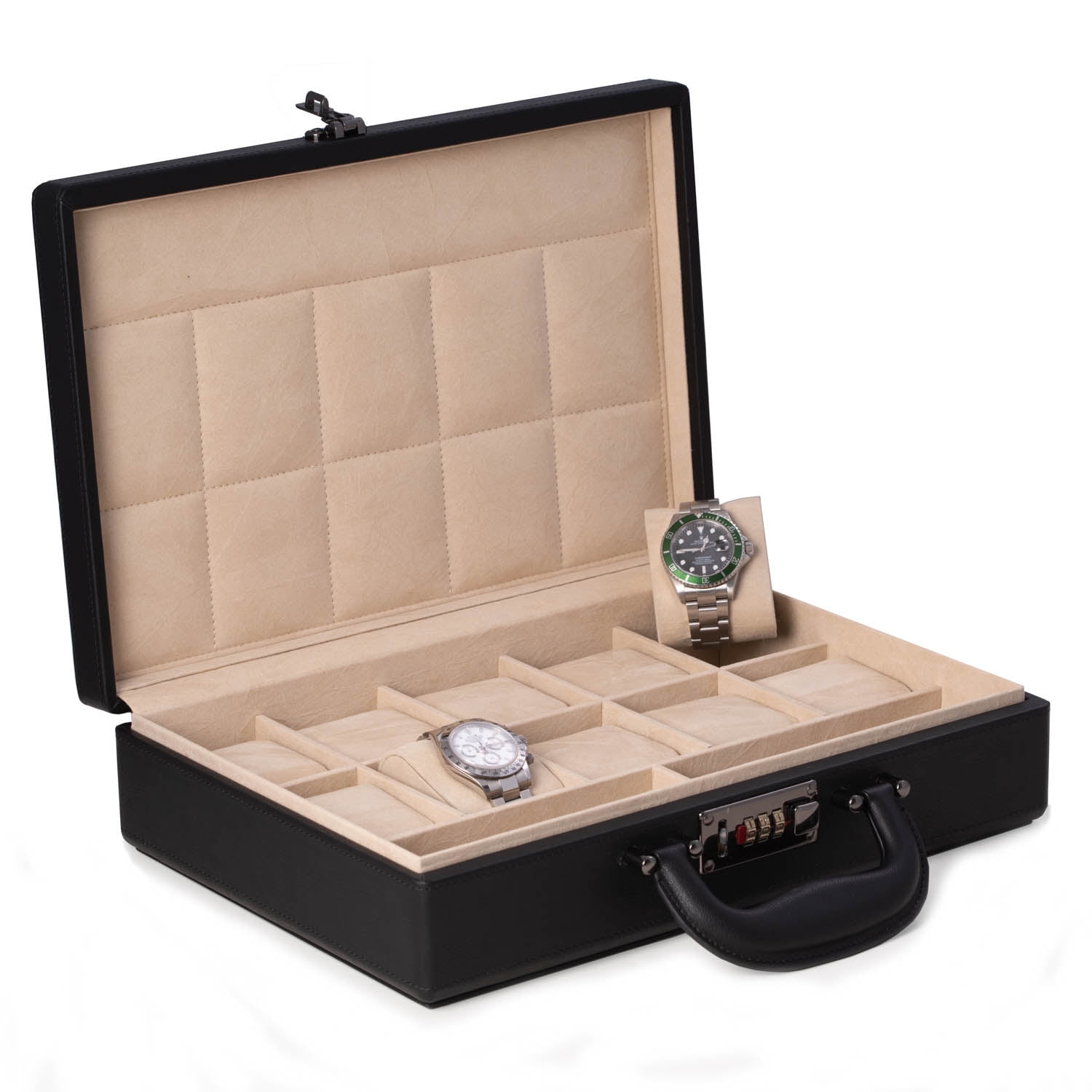 Black ten watch storage box briefcase with handle and combination lock ...