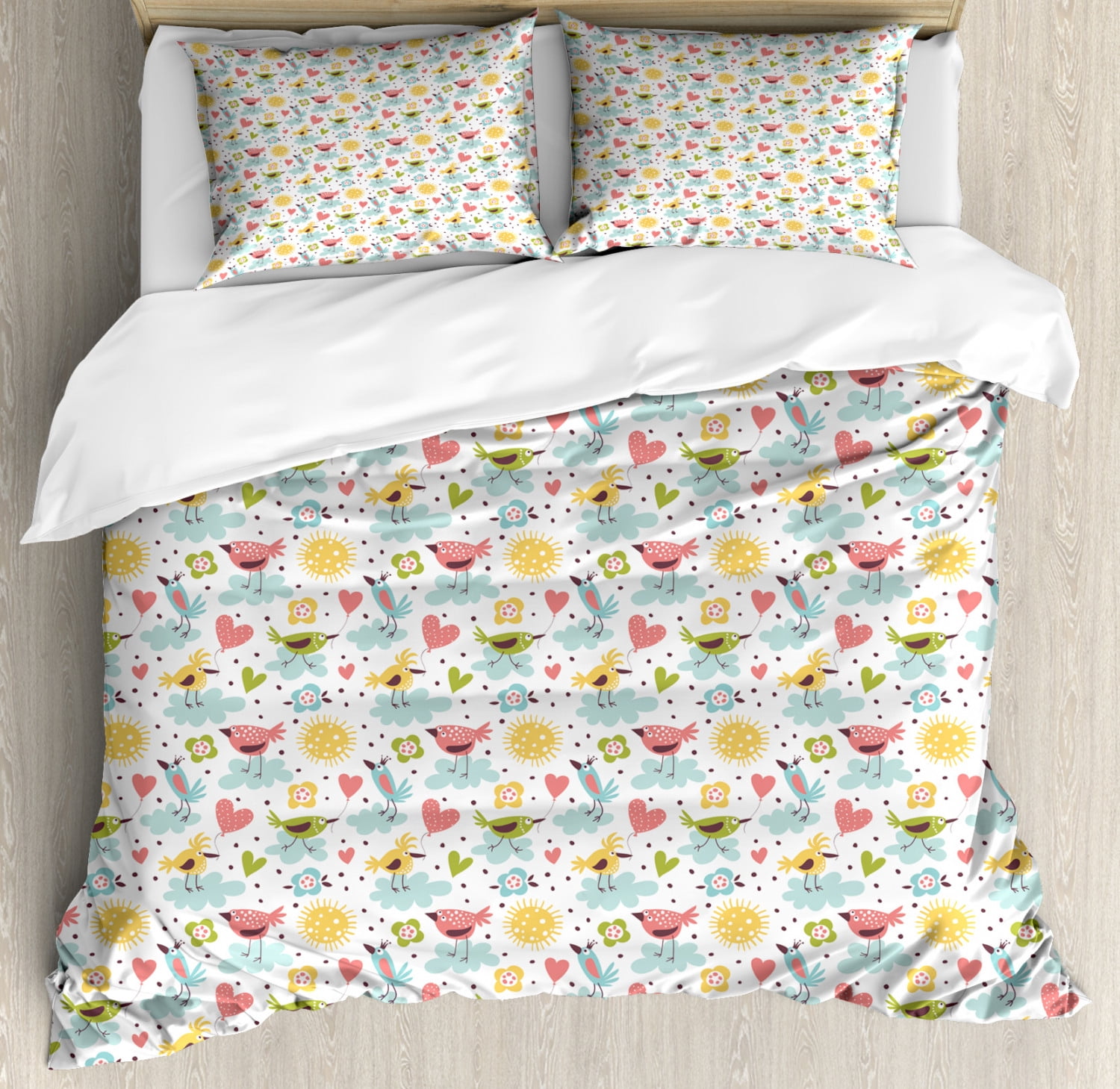 Nursery Duvet Cover Set King Size, Doodle Pattern with Birds Clouds ...