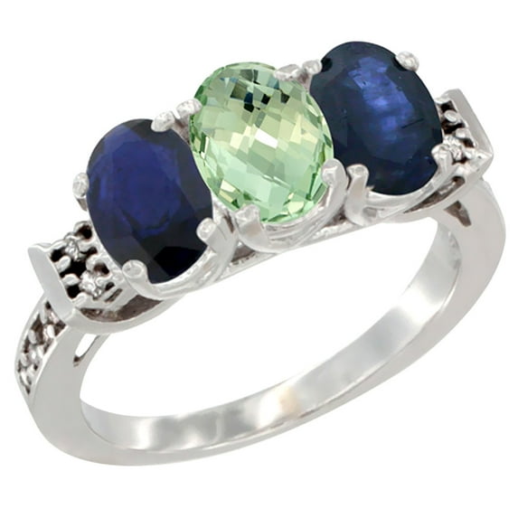10K White Gold Natural Green Amethyst & Blue Sapphire Sides Ring 3 ...