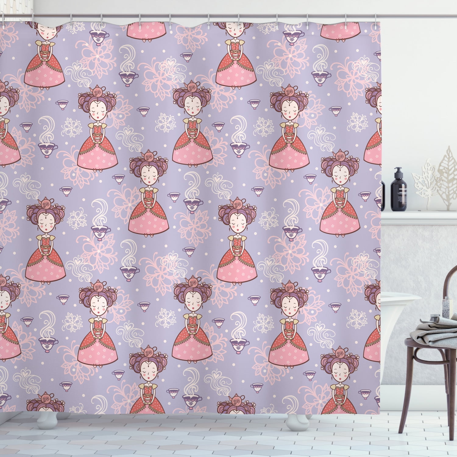 Ambesonne Tea Party Shower Curtain, Teapots Cups Art Drawing, 69"Wx70"L ...