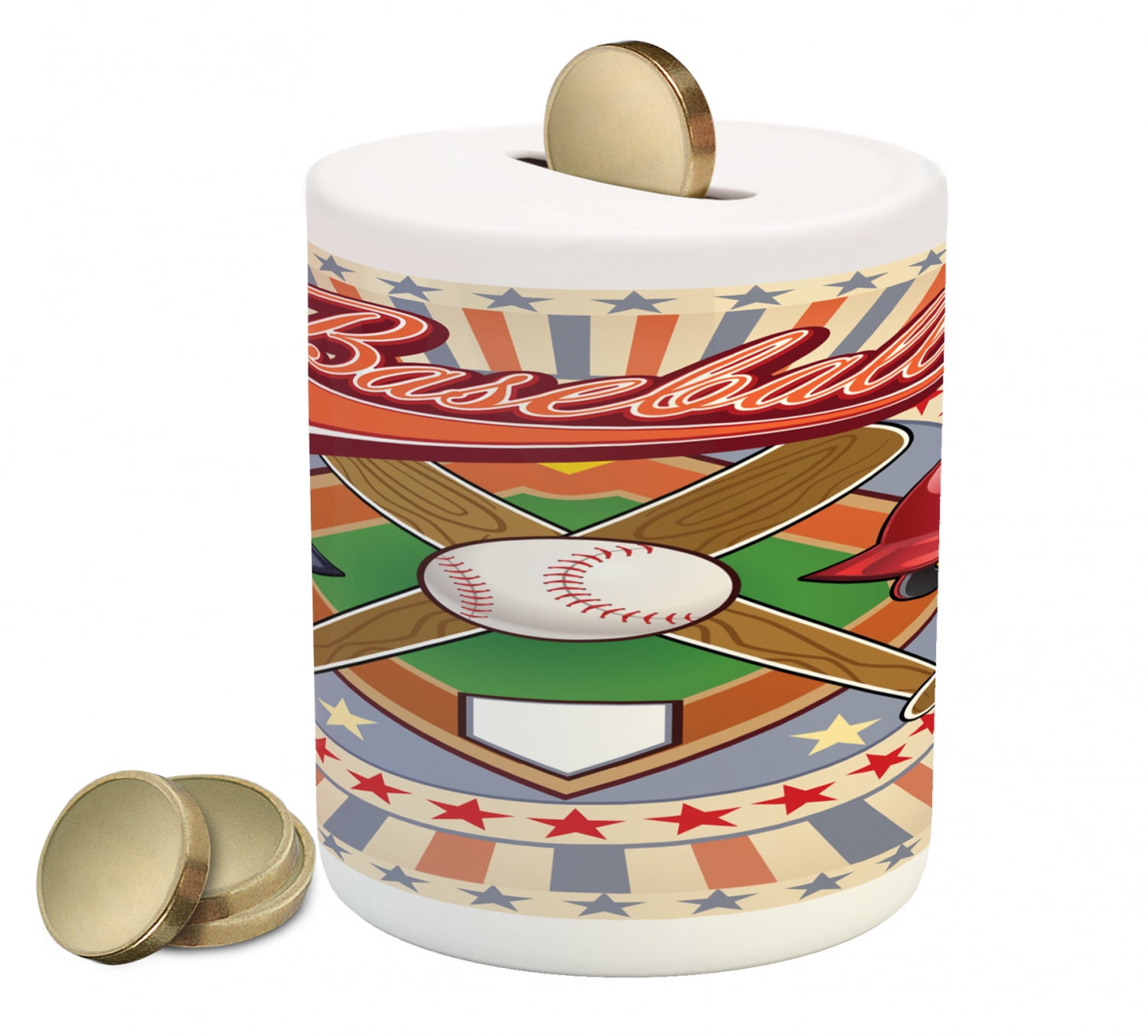 Baseball Piggy Bank, Retro Pop Art Softball Logo Vertical Striped ...