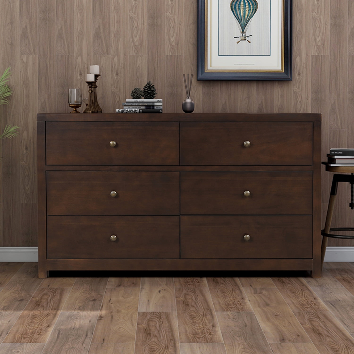 Retro Dresser, Solid Wood Double Dresser with 6 Drawers, End Table ...