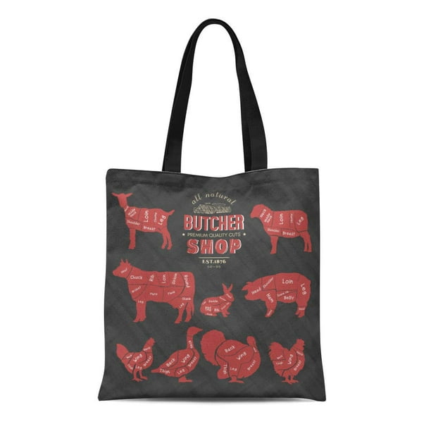 HATIART Canvas Tote Bag Diagrams for Butcher Farm Silhouette Cow Rabbit ...