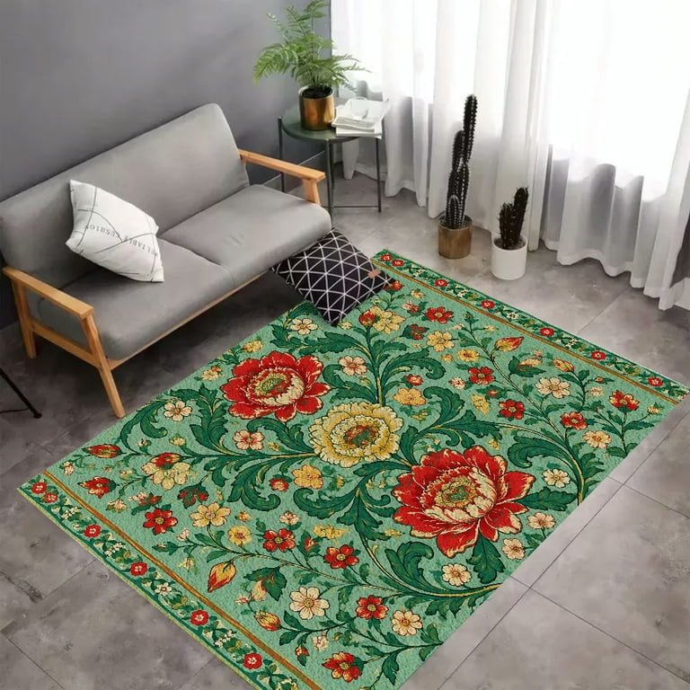 BCIIG Red Yellow Peony Damask Green Non‑Slip Indoor Floor Carpet Non ...