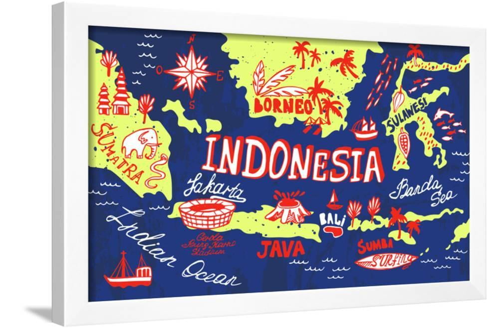 Illustrated Map of Indonesia, Framed Art Print Wall Art by Daria_I Sold ...