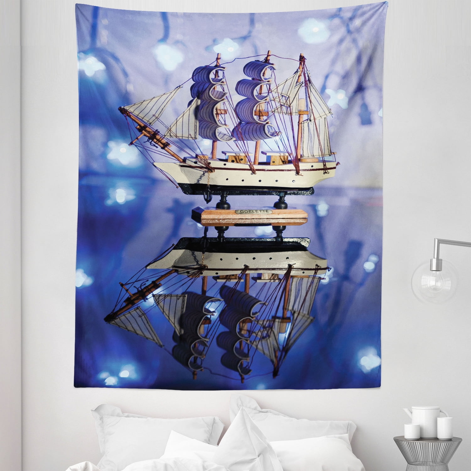 Nautical Tapestry, Close up Photo Model of a Ship with Sails on Blurry ...