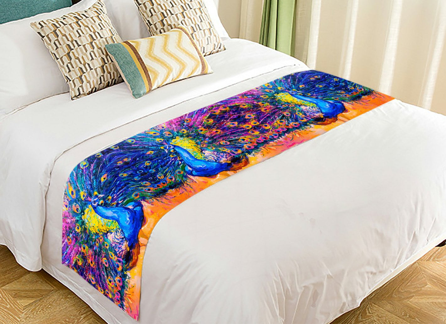 GCKG Oil Painting Bed Runner, Elegant Peacock Bird Colorful Bed Runners ...