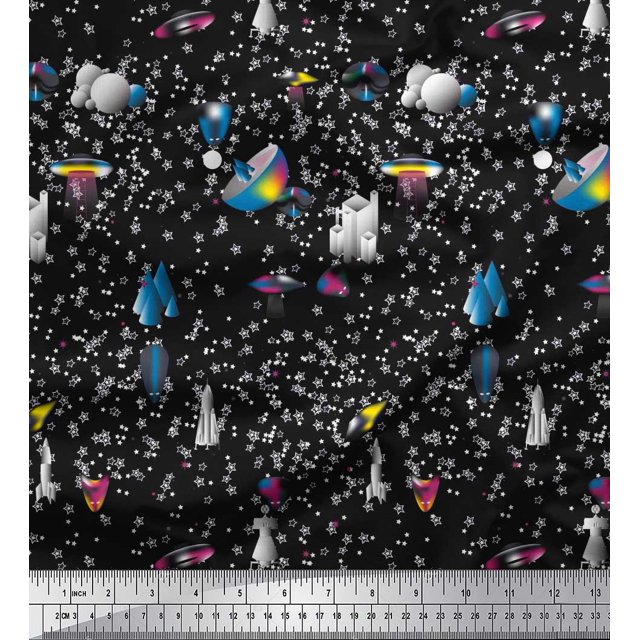 Soimoi Crepe Silk Fabric Spaceship,Star & Satellite Cartoon Print ...