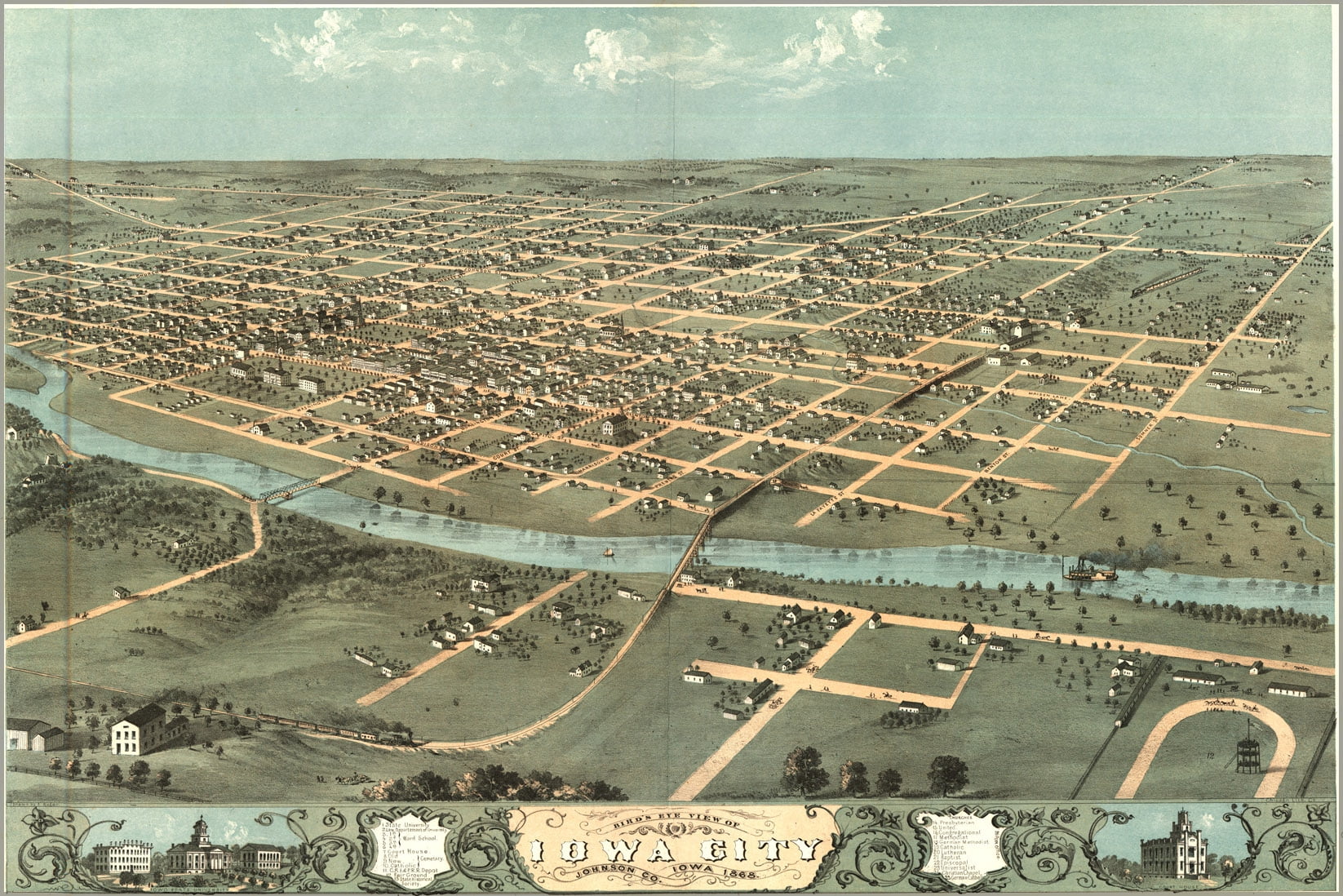 24"x36" Gallery Poster, birdseye view map of Iowa City, Iowa 1868 ...