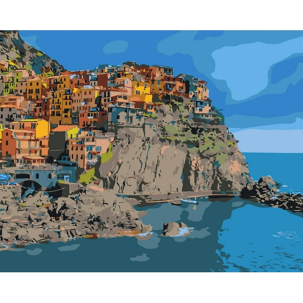 DIY Oil Painting Natural landscape Body of water Azure Nature Building ...