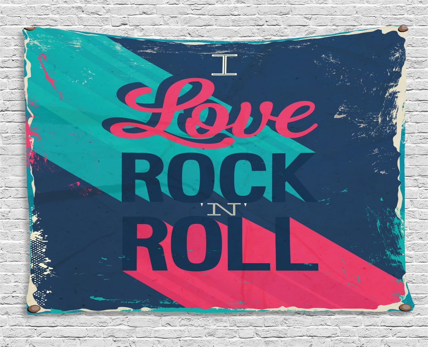 Rock Music Tapestry, Vintage I Love Rock and Roll Slogan Worn Abstract ...