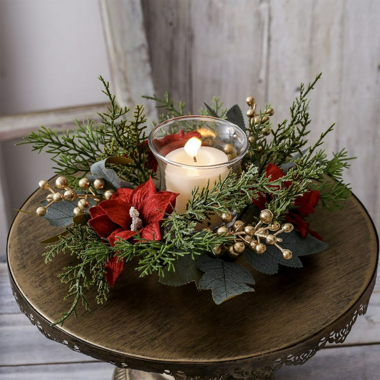 Christmas Candle Rings Artificial Red Berries Snowy Pine Needles