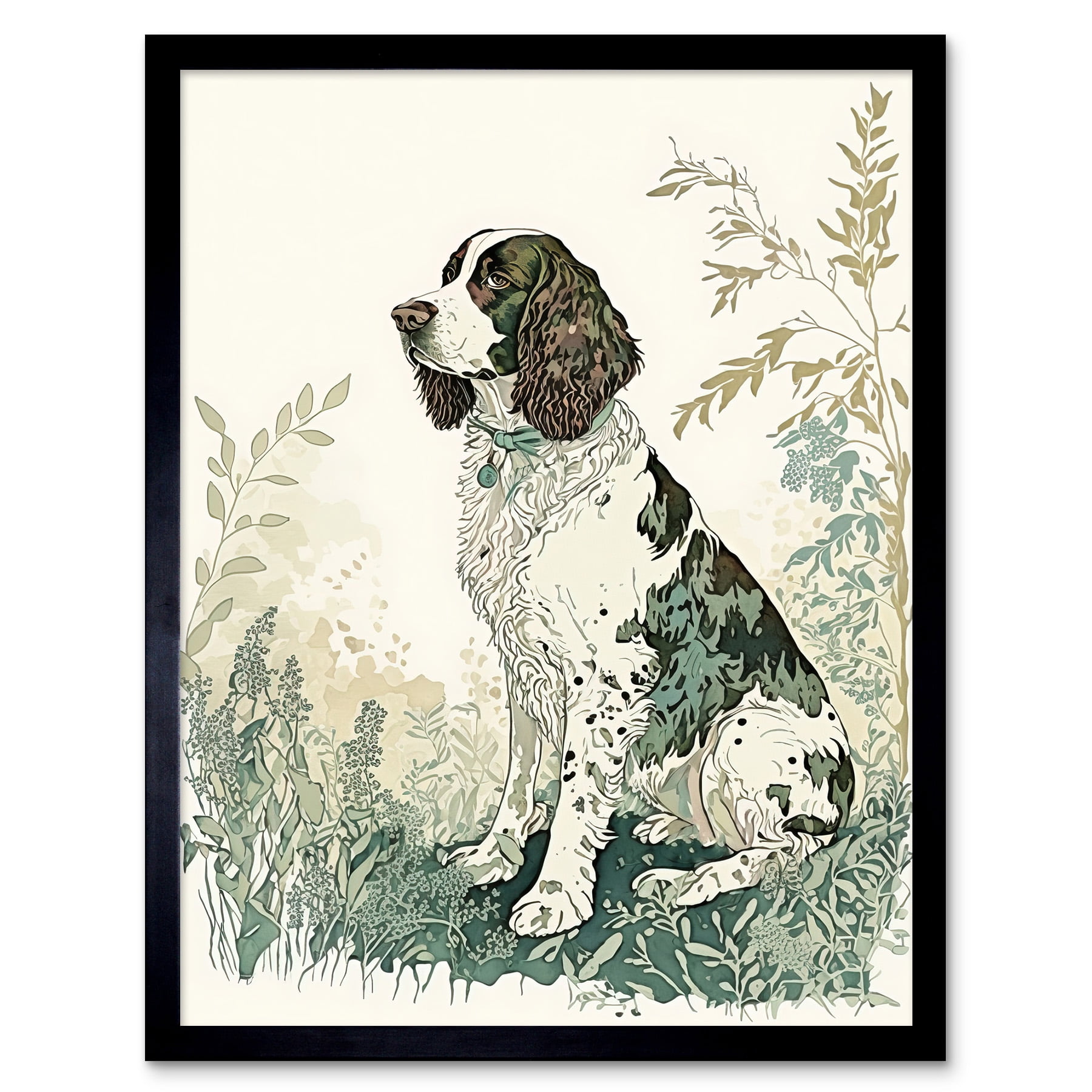 English Springer Spaniel Dog in Field Modern Pastel Watercolour ...