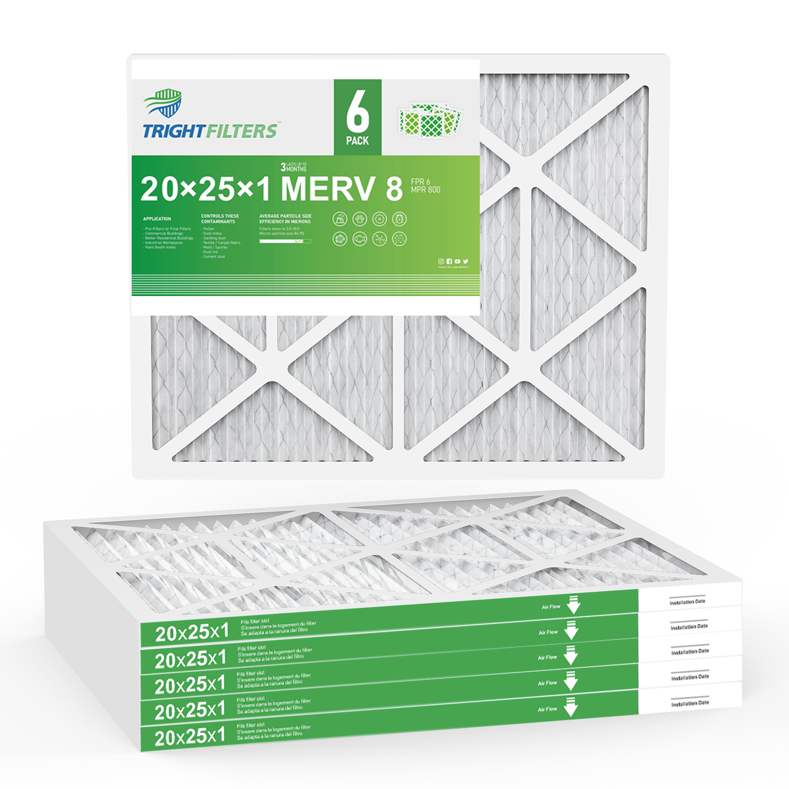 TRIGHTFILTERS 20x25x1 Air Filter MERV 8 Pleated HVAC AC Furnace Filters