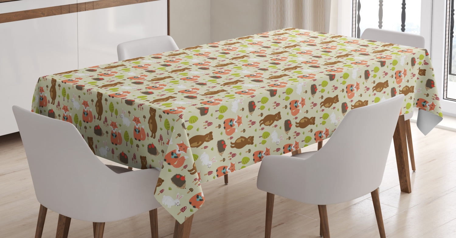 Kids Tablecloth, Forest Doodle with Bears Hedgehog Fox Trees Mushrooms ...