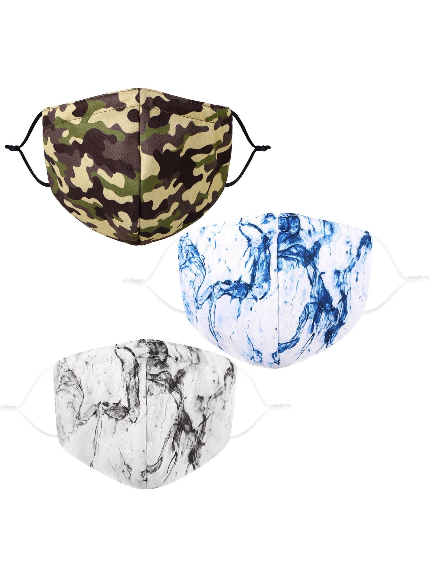 Washable and Reusable Adult Face Masks, 3Pack_Marble BLK/BLU/Camo Army ...