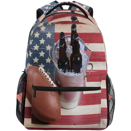American Football Backpacks USA Flag Cold Beer Book Bag Casual Extra ...