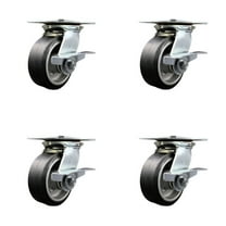 5 Inch Rubber on Aluminum Caster Set with Roller Bearings 2 Brakes 2 ...