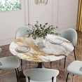 Abstract Art Round Fitted Tablecloth White Marble Pattern Gold Crack ...