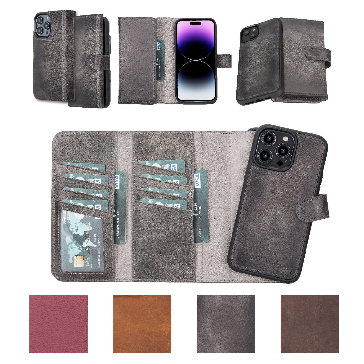 Bayelon Genuine Leather Wallet Case for iPhone 14 Pro Max, Detachable ...