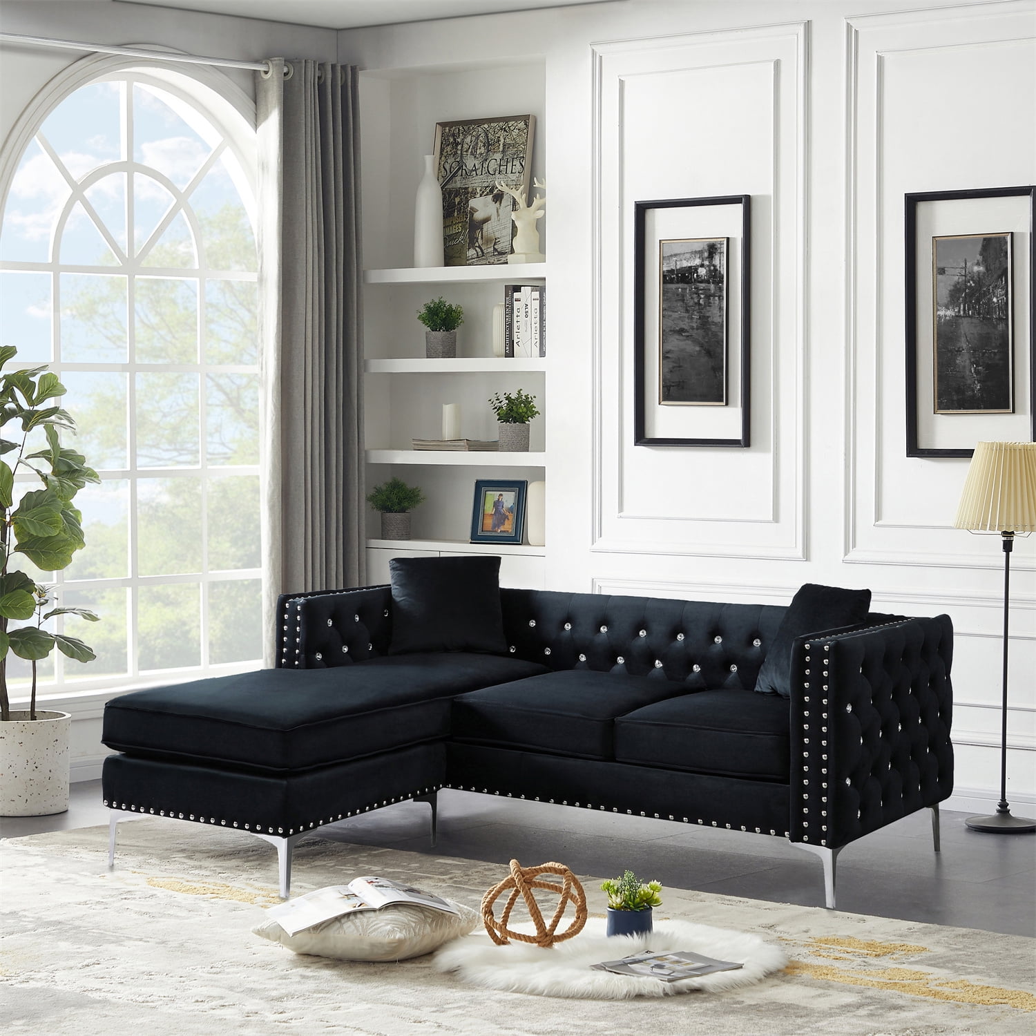 Convertible Sectional Sofa Set with Chaise, 82.3" Modern Velvet Tufted ...