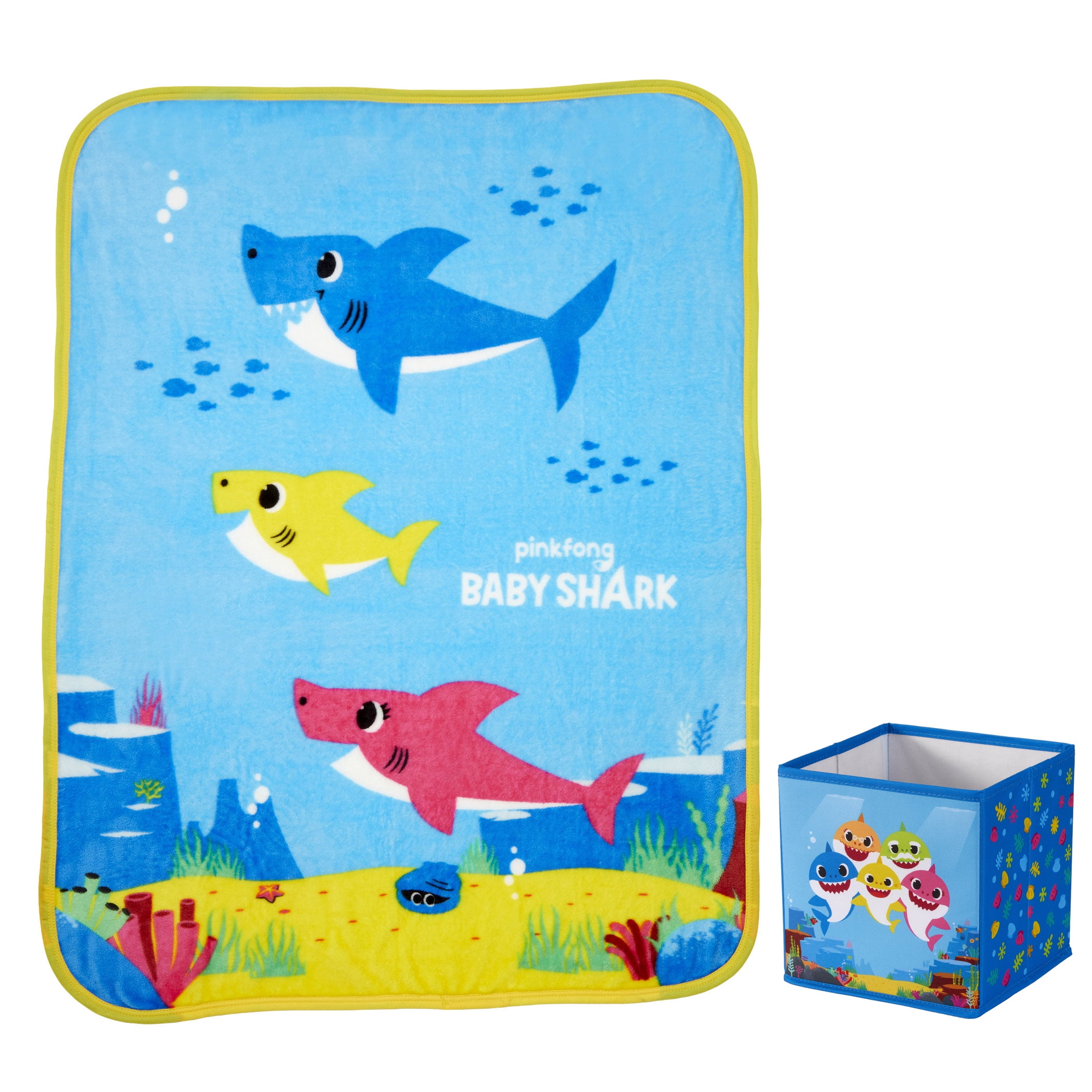 Baby Shark Kids Plush Throw and Canvas Storage Cube Bin, 2Pc Set, Blue ...