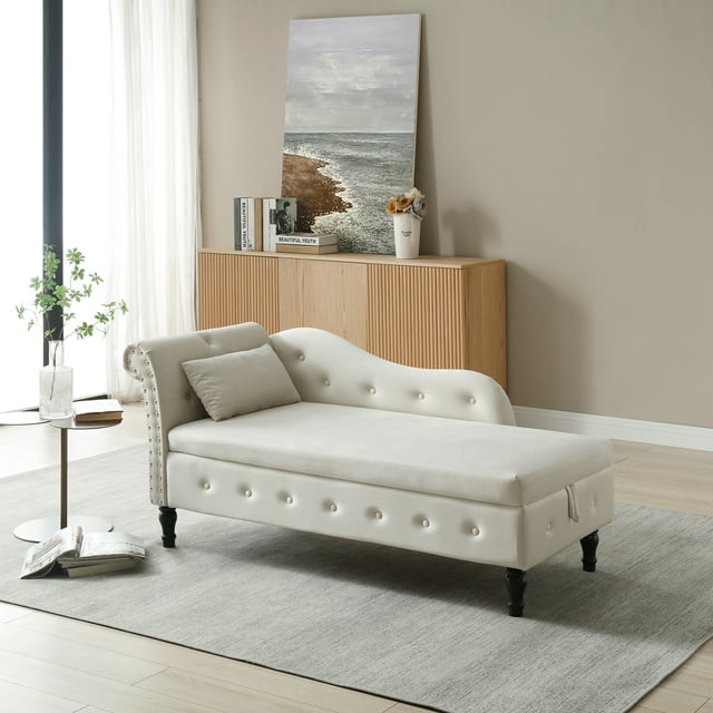 60" Storage Chaise Lounge with 1 Pillow, Velvet Upholstered Chaise Sofa ...
