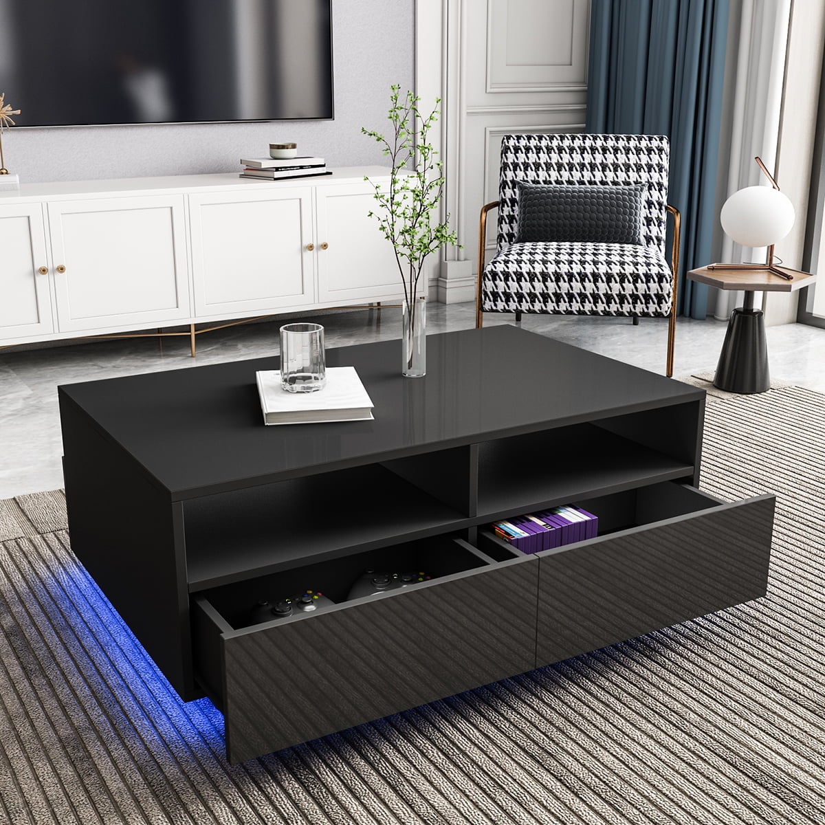 High Gloss LED Coffee Table Modern Center Tea Table with Adjustable LED ...