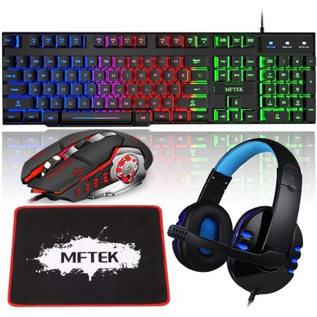 MFTEK RGB Rainbow Backlit Gaming Keyboard and Mouse Combo, Blue Lighted ...