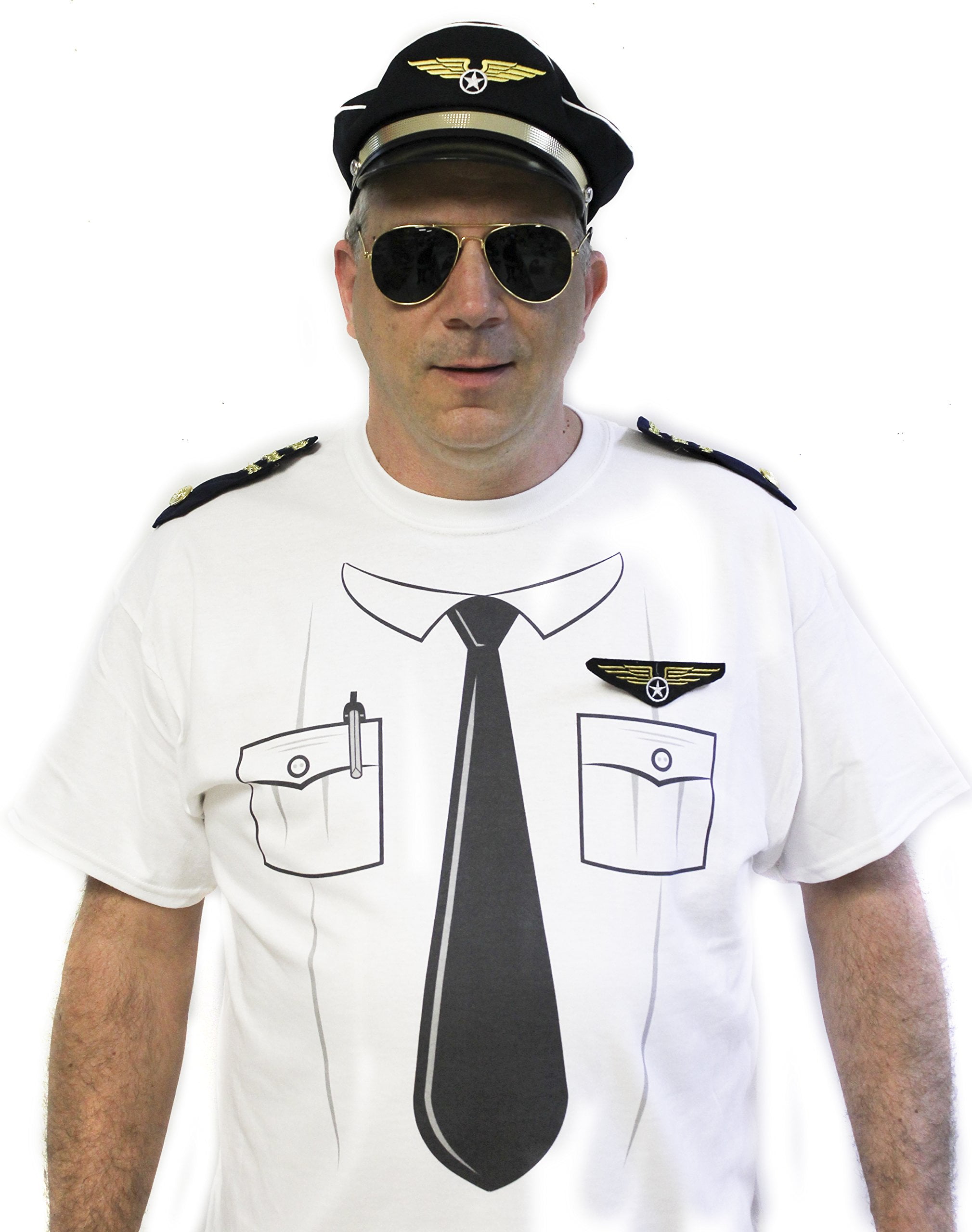 Instant Airline Pilot Costume Kit Includes Shirt Hat Glasses Aviator Badge And Shoulder