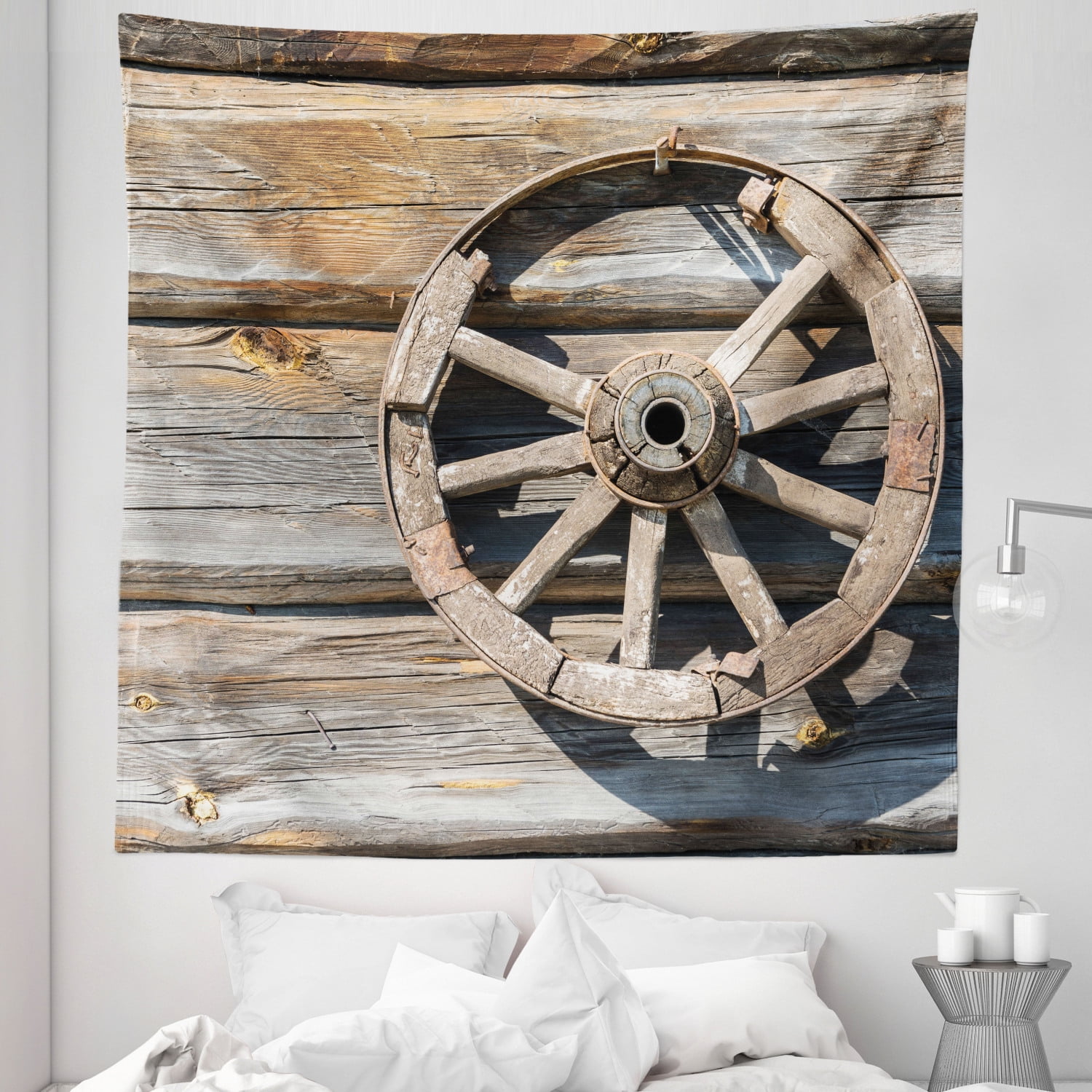 Wagon Wheel Tapestry, Old Log Wall with Cartwheel Telega Rural ...