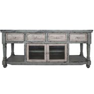 70 in. Blue & White Solid Wood Open Shelving Distressed TV Stand ...