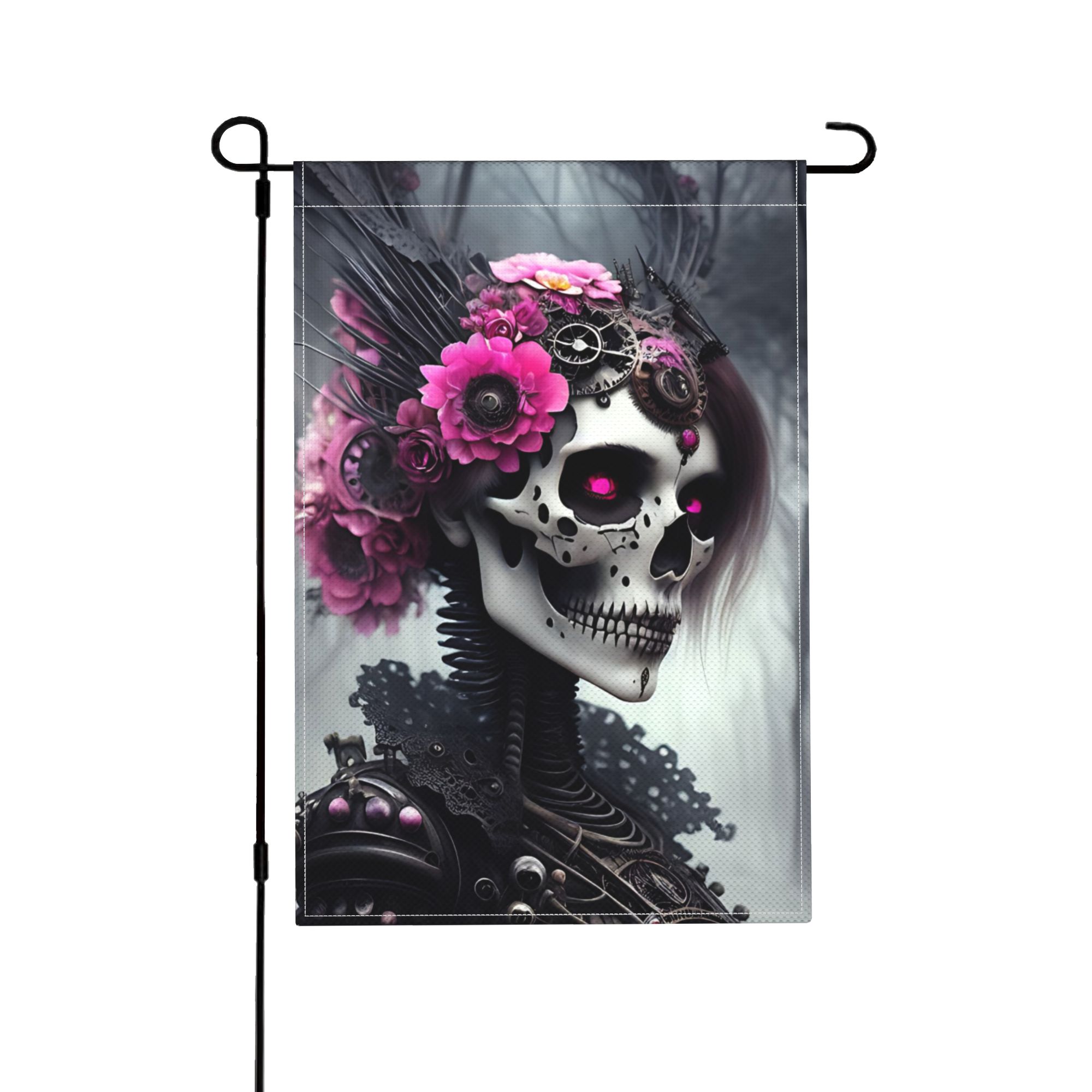 TEQUAN Pink Flowers Skull Skeleton Garden Flags, 18 x 12 inch Double ...
