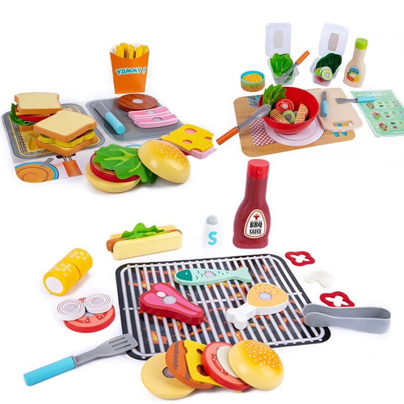 Kids Wooden Kitchen Toy Stimulation Induction Cooker Burger Barbecue ...