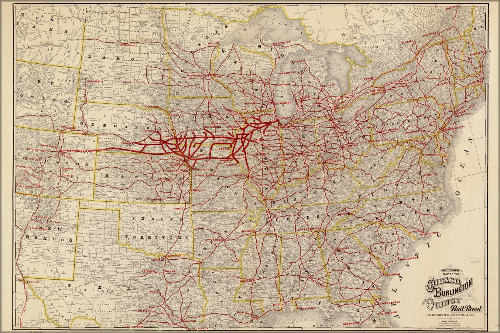 24"x36" Gallery Poster, map of Chicago Burlington & Quincy RailRoad ...