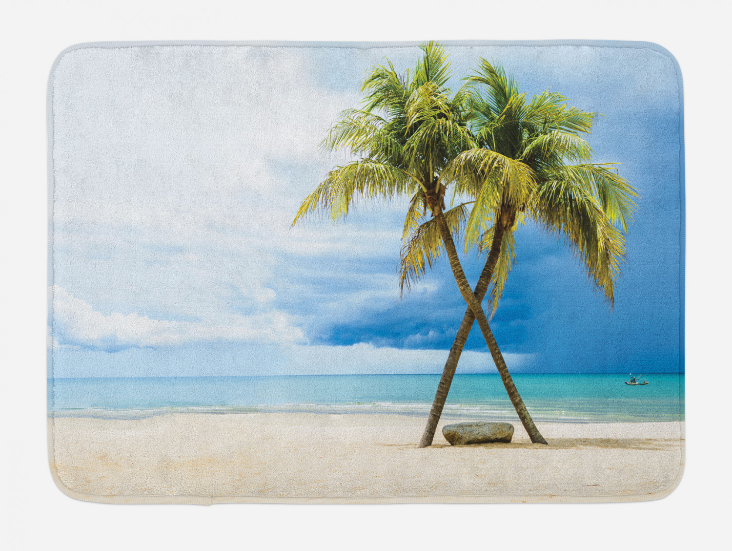 Hawaiian Bath Mat, Cloudy Sky Boat in the Sea Palm Trees Sandy Beach ...