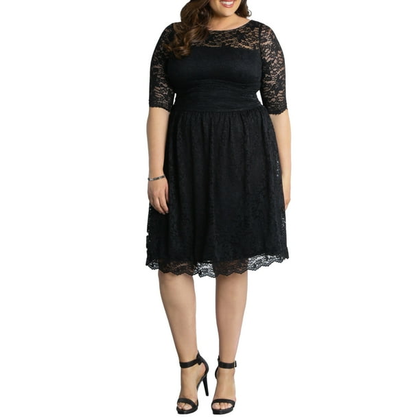 Kiyonna Womens Black Lace 3 4 Sleeve Boat Neck Knee Length Evening A