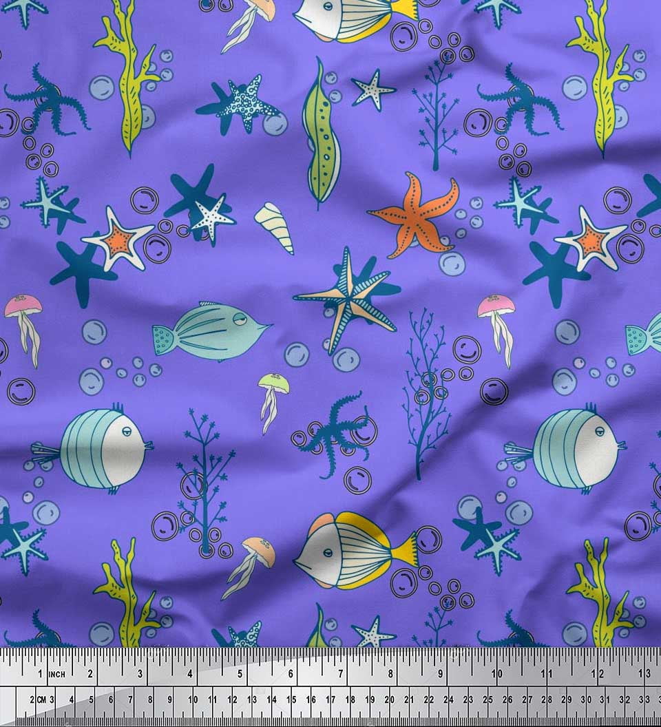 Soimoi Satin Silk Fabric Fish,Coral & Starfish Ocean Print Fabric by ...