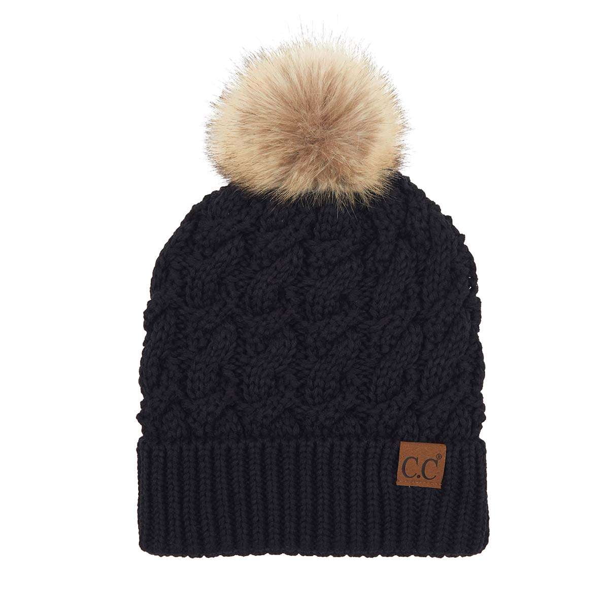 C.C Thick Cable Knit Faux Fuzzy Fur Pom Fleece Lined Skull Cap Cuff ...