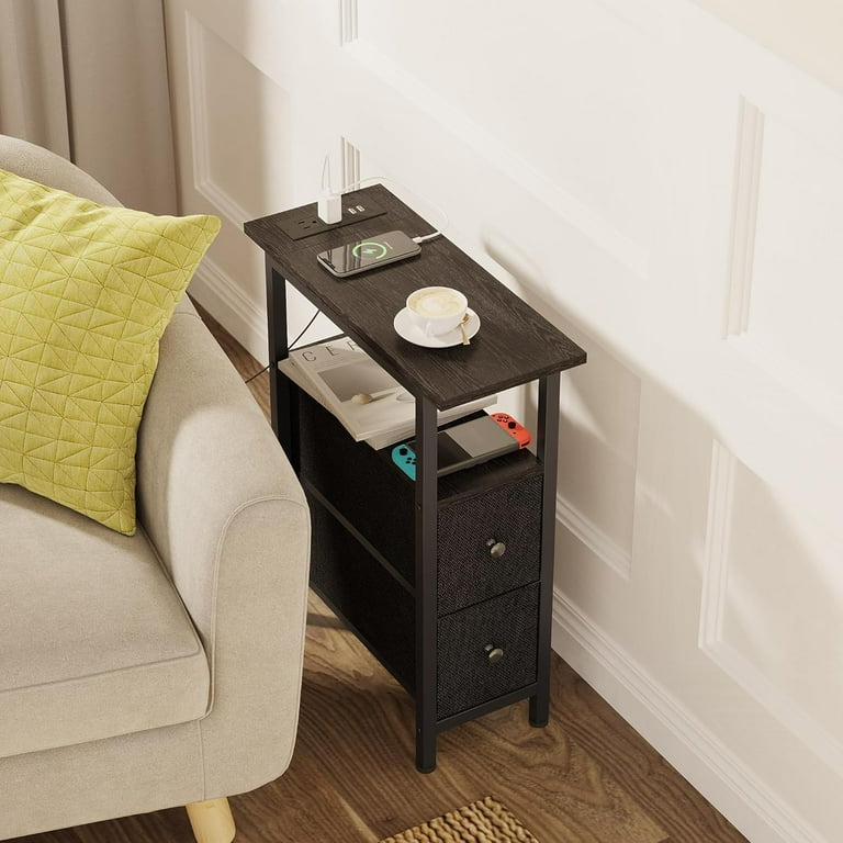 End Table Set 2 with Charging Station Narrow Side Table with 2 Fabric Drawers Skinny Nightstand with LED Light Slim Bedside Table for Bedroom Living Room Small Spaces Black Walmart