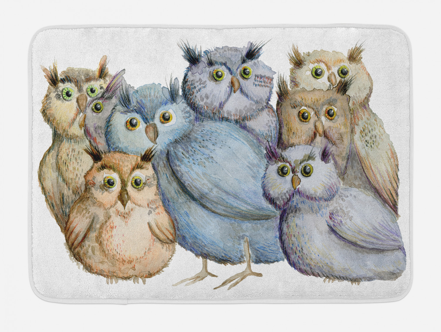 Owl Bath Mat, Watercolor Hand Drawn Cute Owl Family Portrait Artistic ...