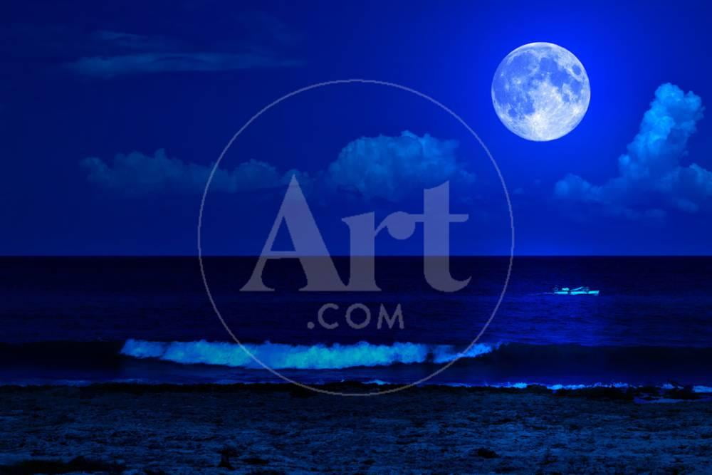Midnight Sea Landscape with a Full Moon and Waves Breaking on the Beach ...