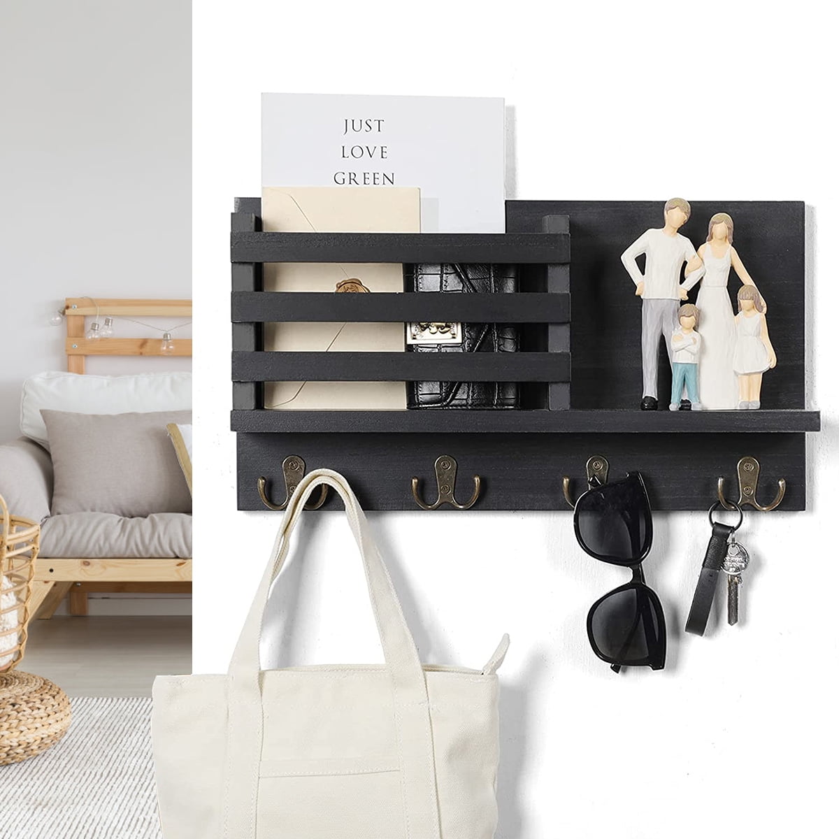 Key Holder for Wall with Shelf Rustic Mail Organizer Wall Mount Wooden ...