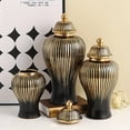 1 Pc Vintage Black & Gold Cylindrical Ceramic Vase with Geometric ...