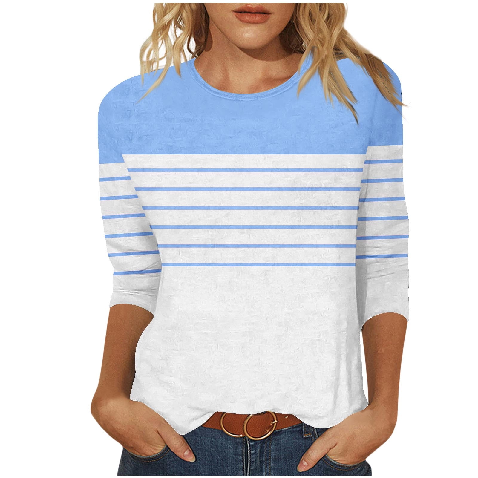 Click here for Hotojiny 3/4 Length Sleeve Womens Tops Casual Stri... prices