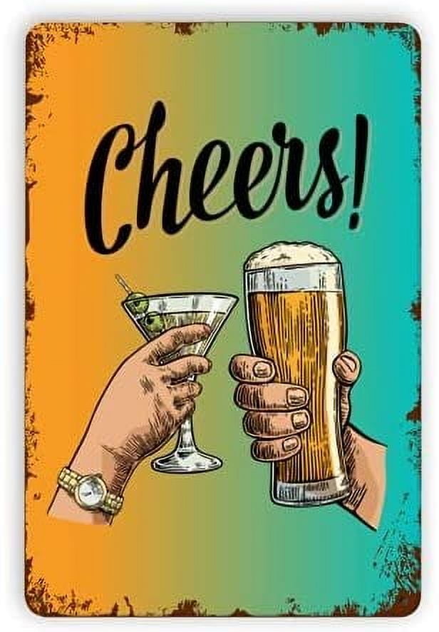 Letrero de hojalata con texto "Cheers" (Saludos), letrero de metal ...