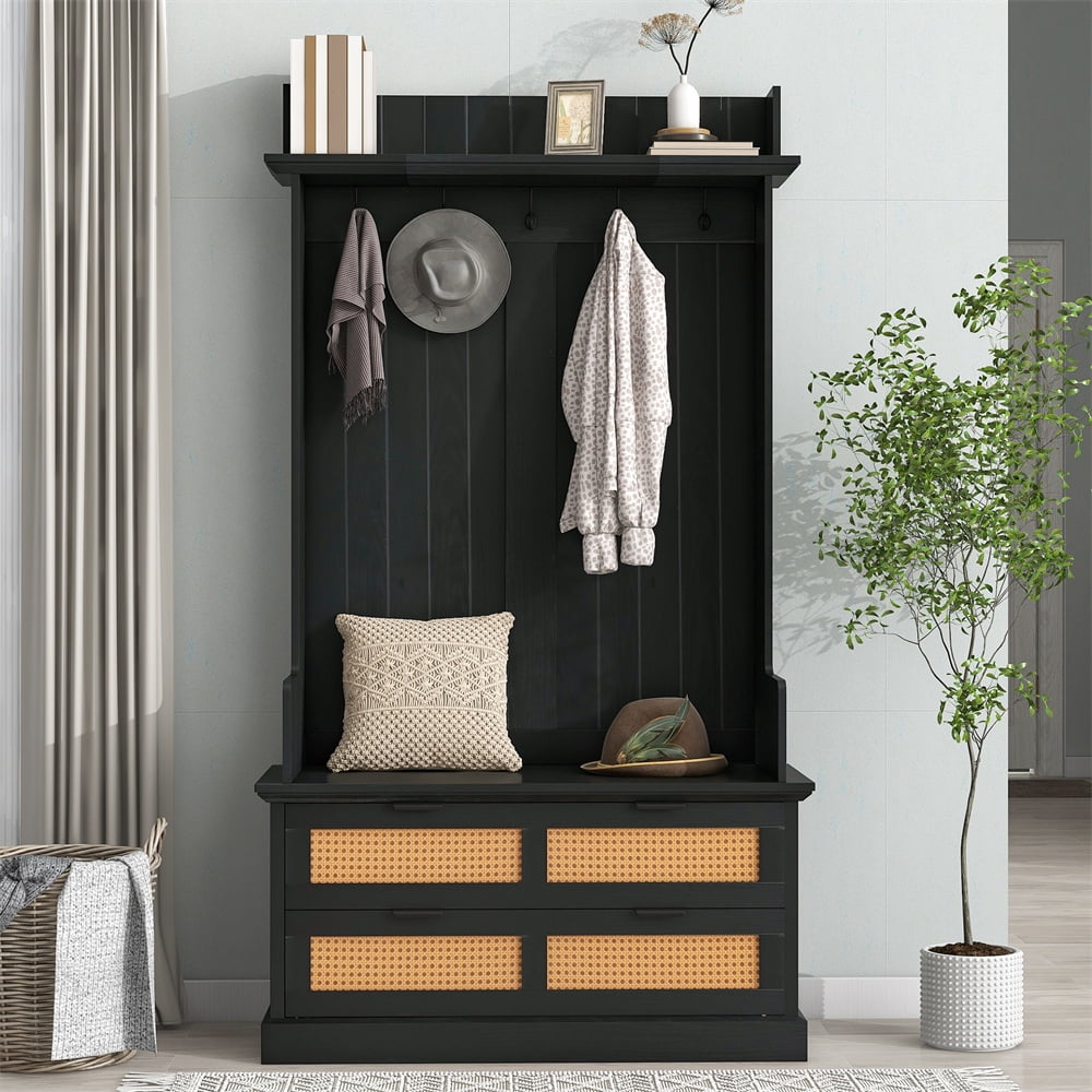 75" Hall Tree with Storage Bench and 2 Large Rattan Drawers, 3-in-1 ...
