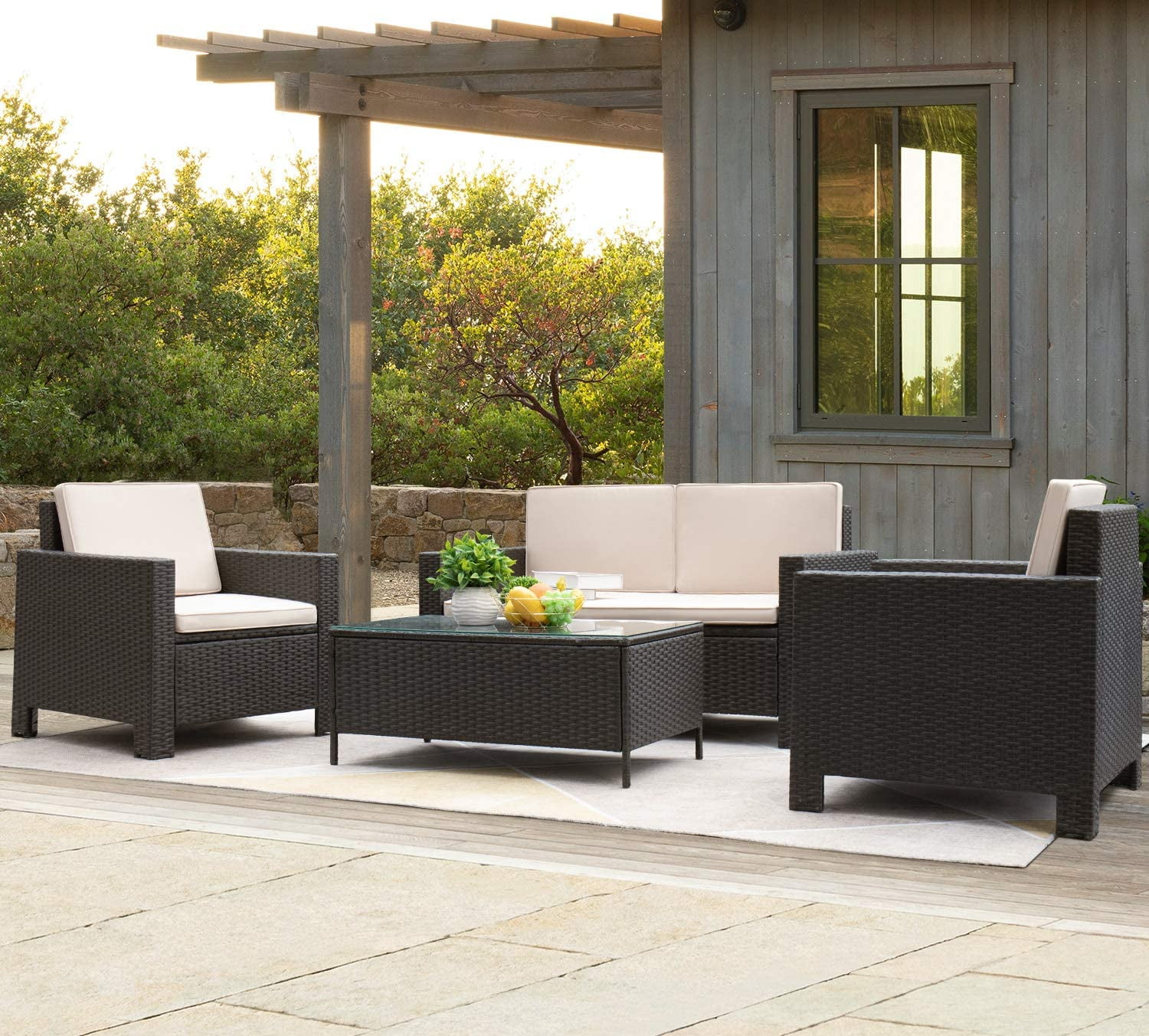 VINEEGO 4-Piece Wicker Patio Furniture Conversation Set Balcony Rattan ...