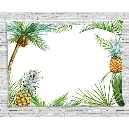 Pineapple Decor Tapestry, Watercolor Tropical Island Border Print with ...